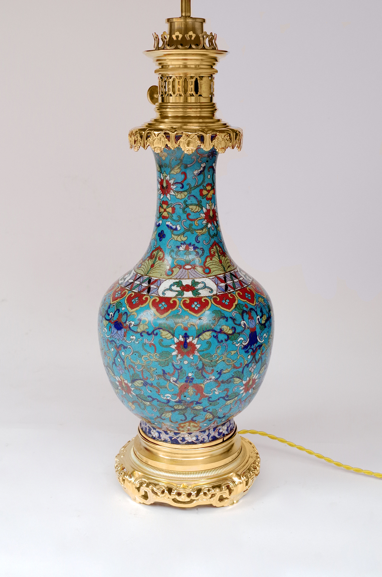 Pair of blue cloisonne enamel lamps, gilt bronze mount, 19th century ...
