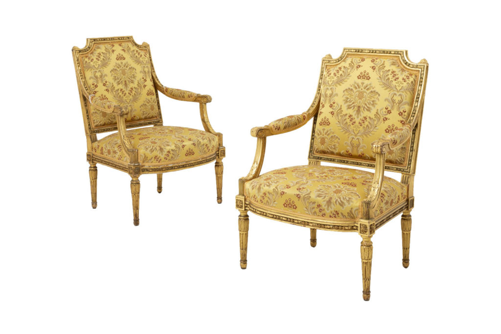 Georges Jacob, Paire fauteuils style Louis XVI en bois doré, vers 1880