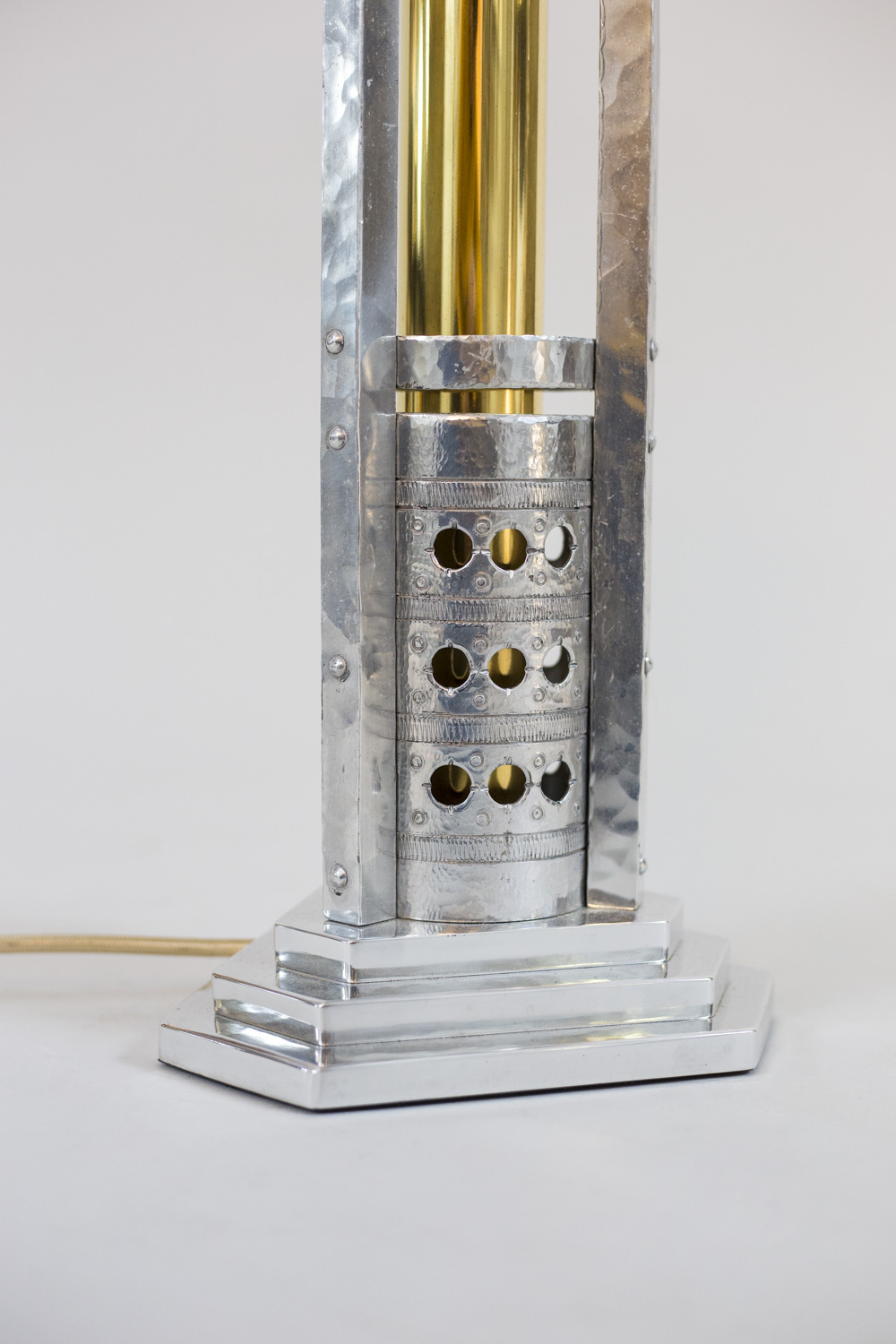 Pair of lamps in silvered cast aluminium and gilt bronze, 1970's